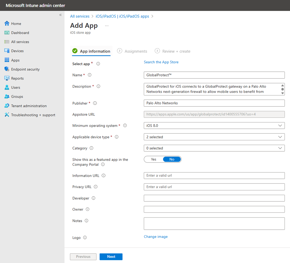 Deploy the GlobalProtect App on iOS Endpoints using Microsoft Intune