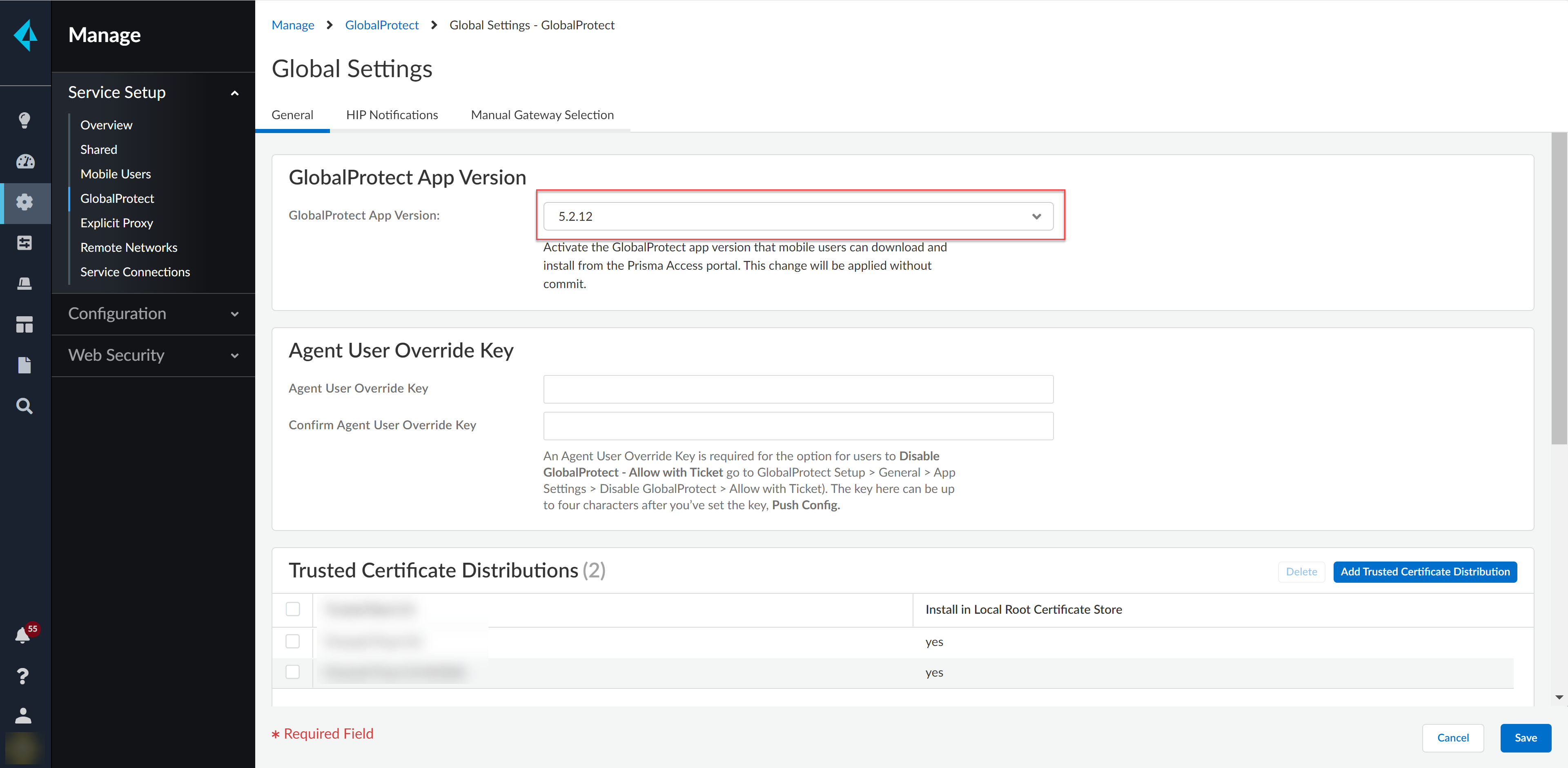 Select The Active Globalprotect App Version For Prisma Access