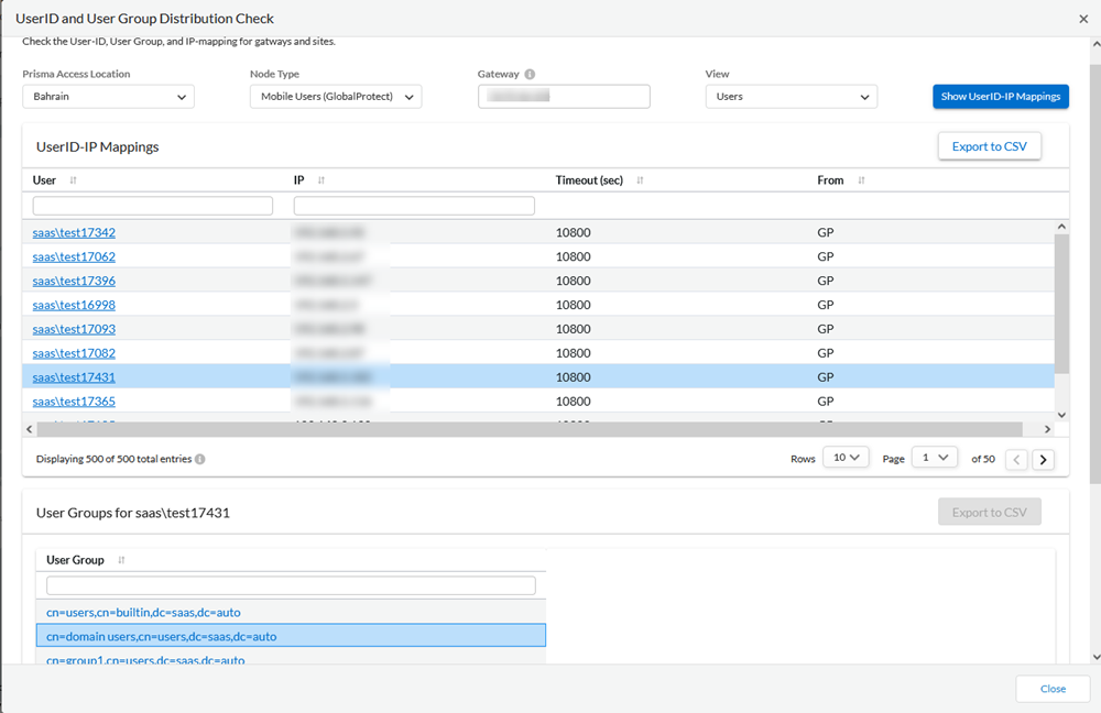 View User to IP Address or User Groups Mappings